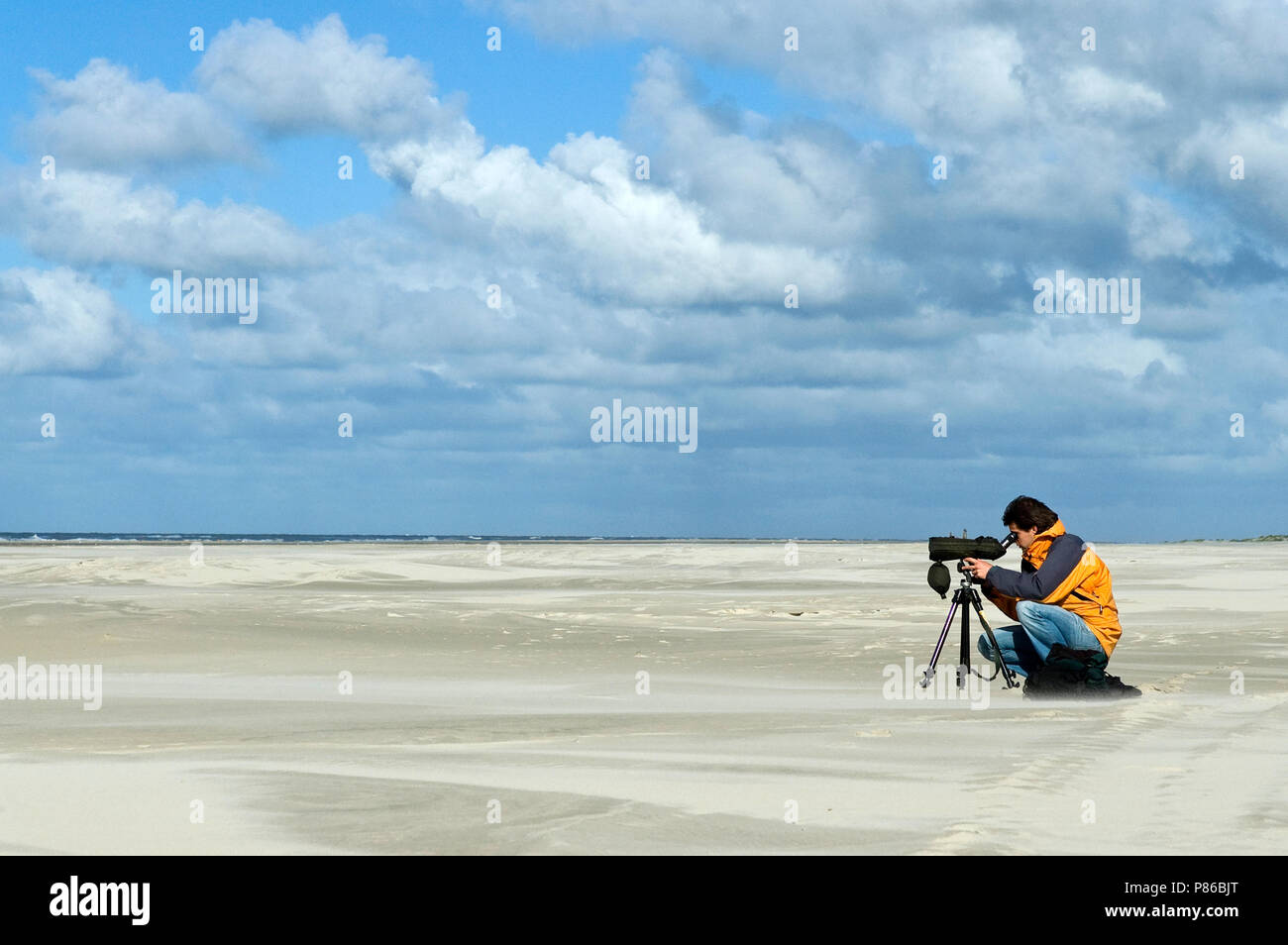 Vogelaar zittend op het strand met telescoop; Birdwatcher sitting at ...