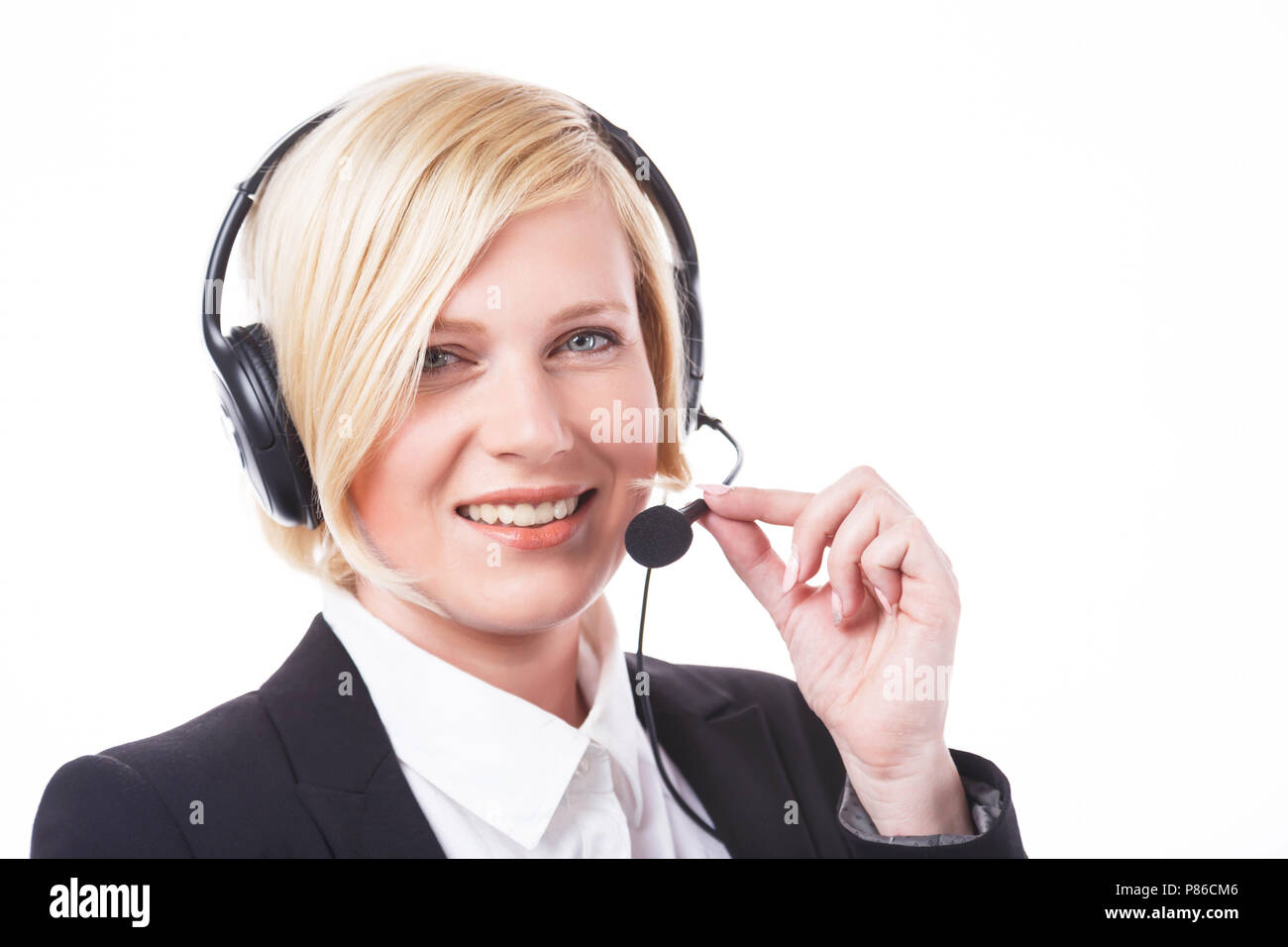 Beautiful smiling call center operator, blonde woman dressed in black ...