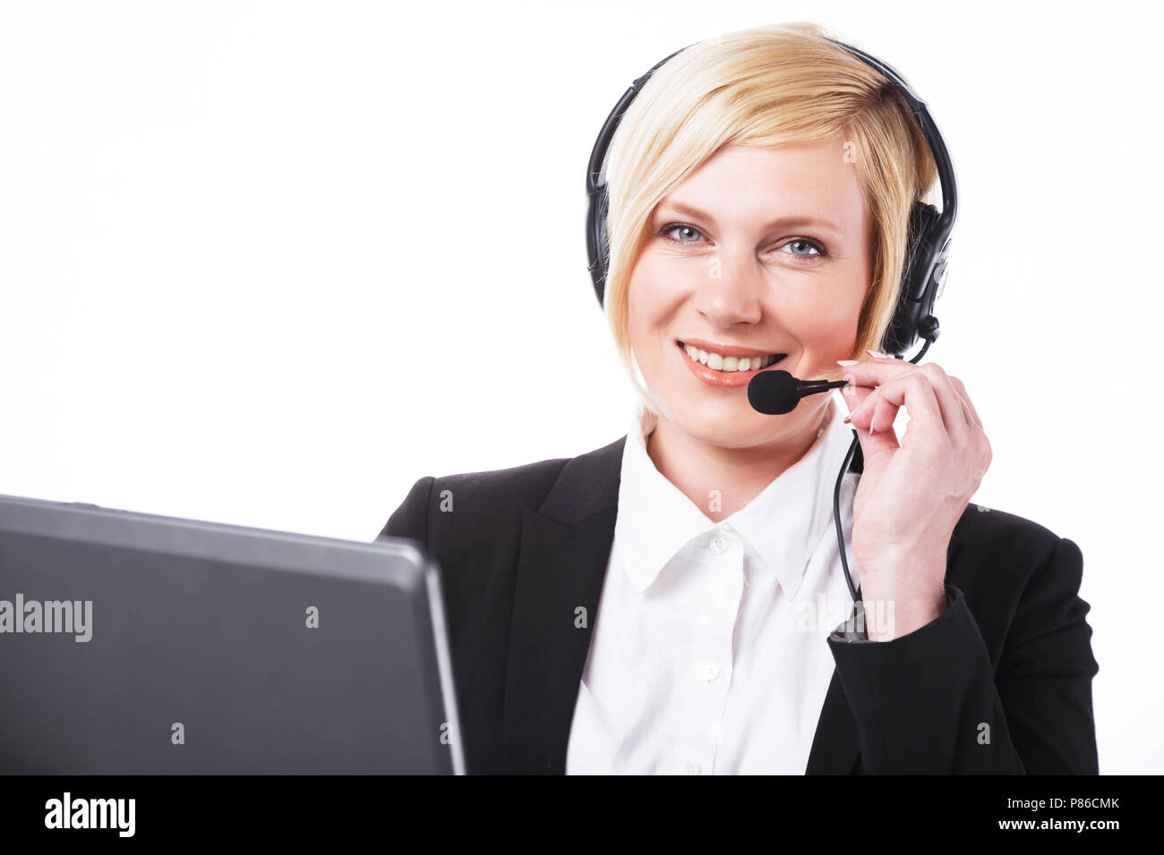 Call center operator, blonde woman dressed in black jacket working with ...