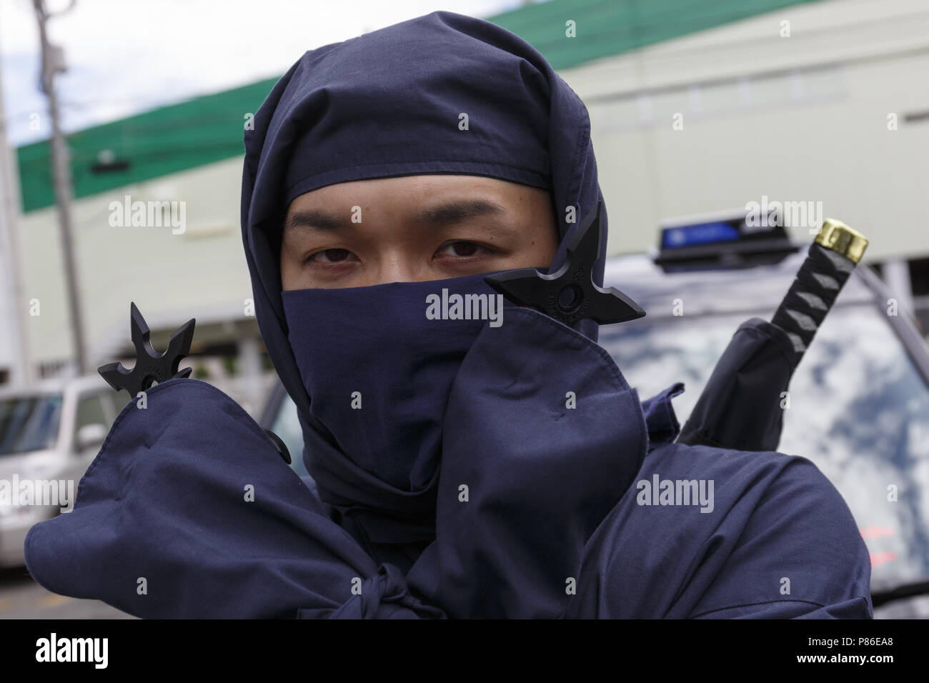 Yokohama, Japan. 9th July, 2018. A taxi driver dressed in Ninja costume ...