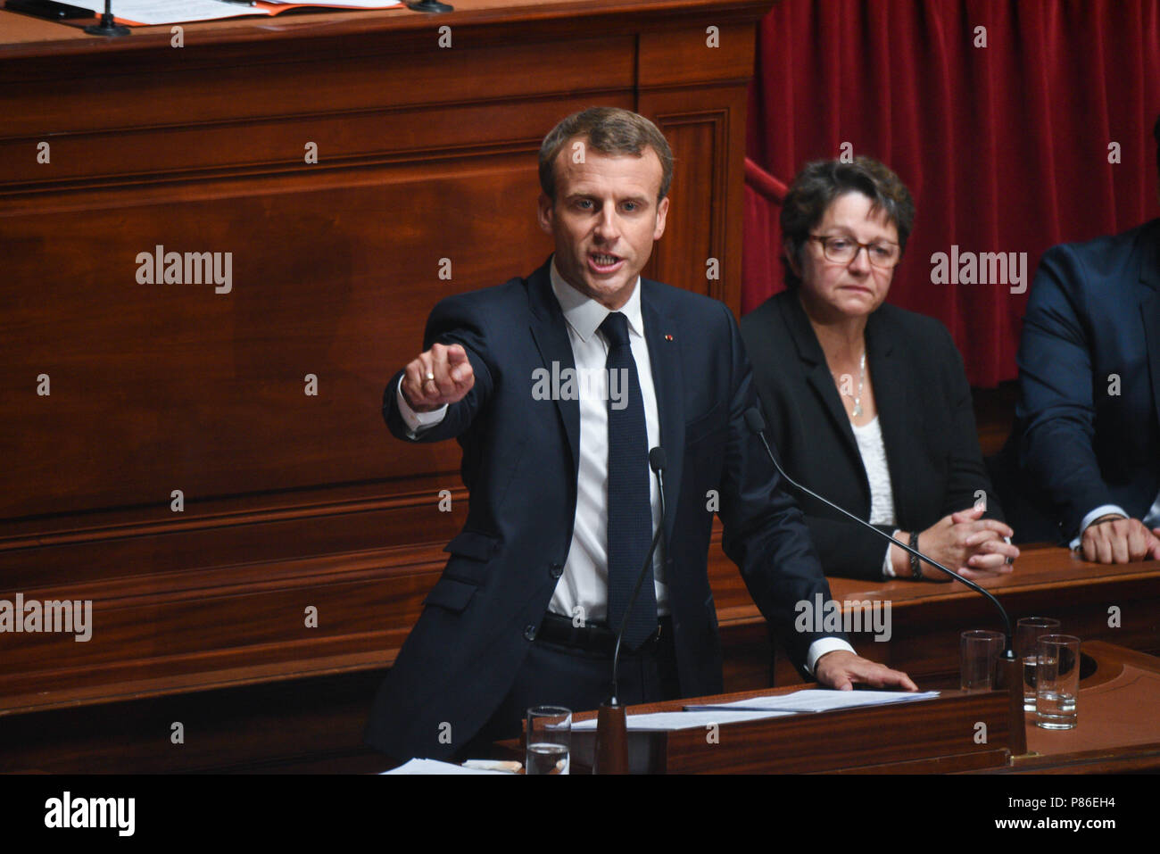 Versailles, France. 9th July, 2018. French President Emmanuel Macron ...