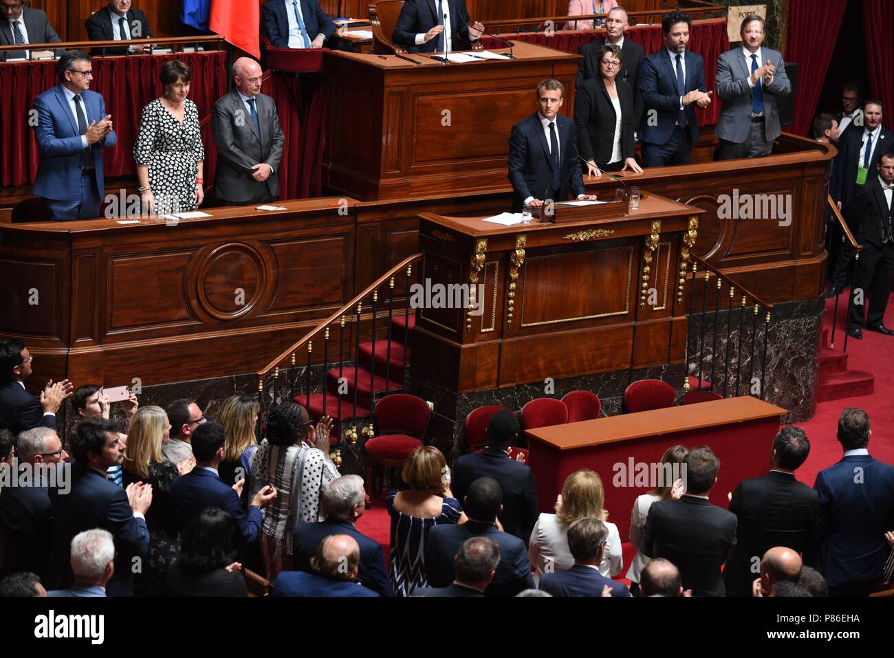 Versailles, France. 9th July, 2018. French President Emmanuel Macron ...