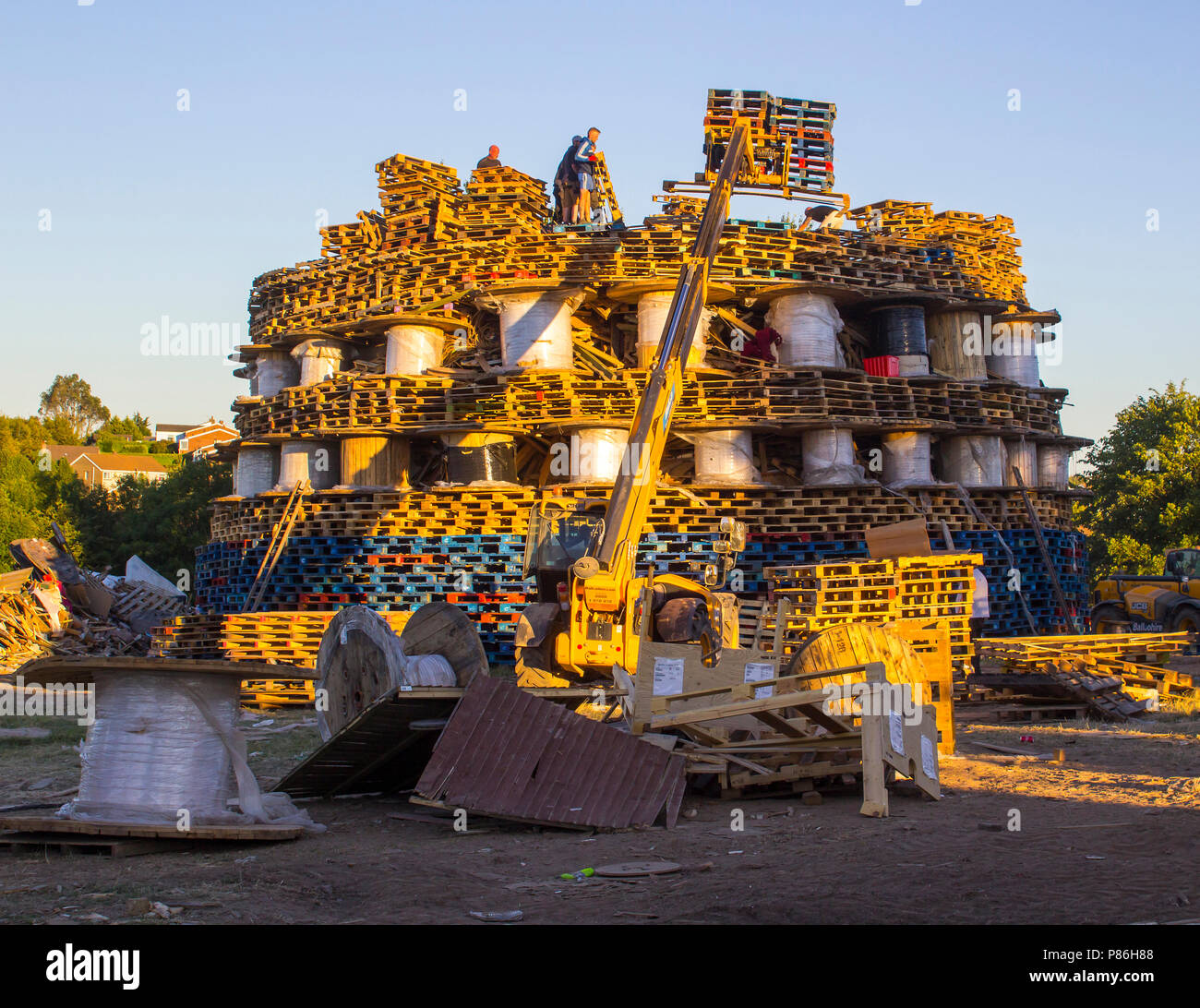 Bangor, Northern Ireland. 9th July 2018. Bonfire building on an ...