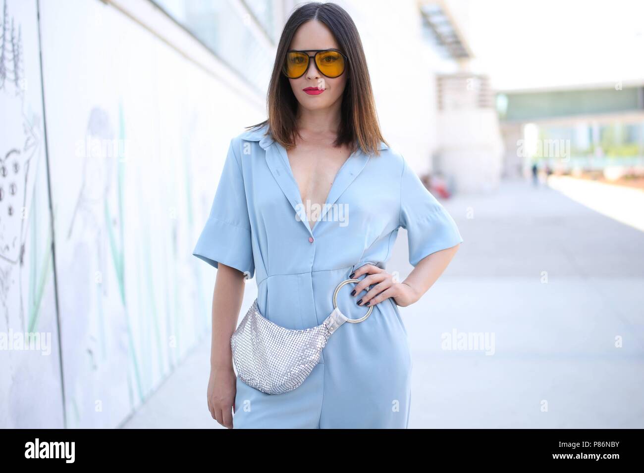 Maria Vasilieva posing on the street during Mercedes Benz Fashion Week ...