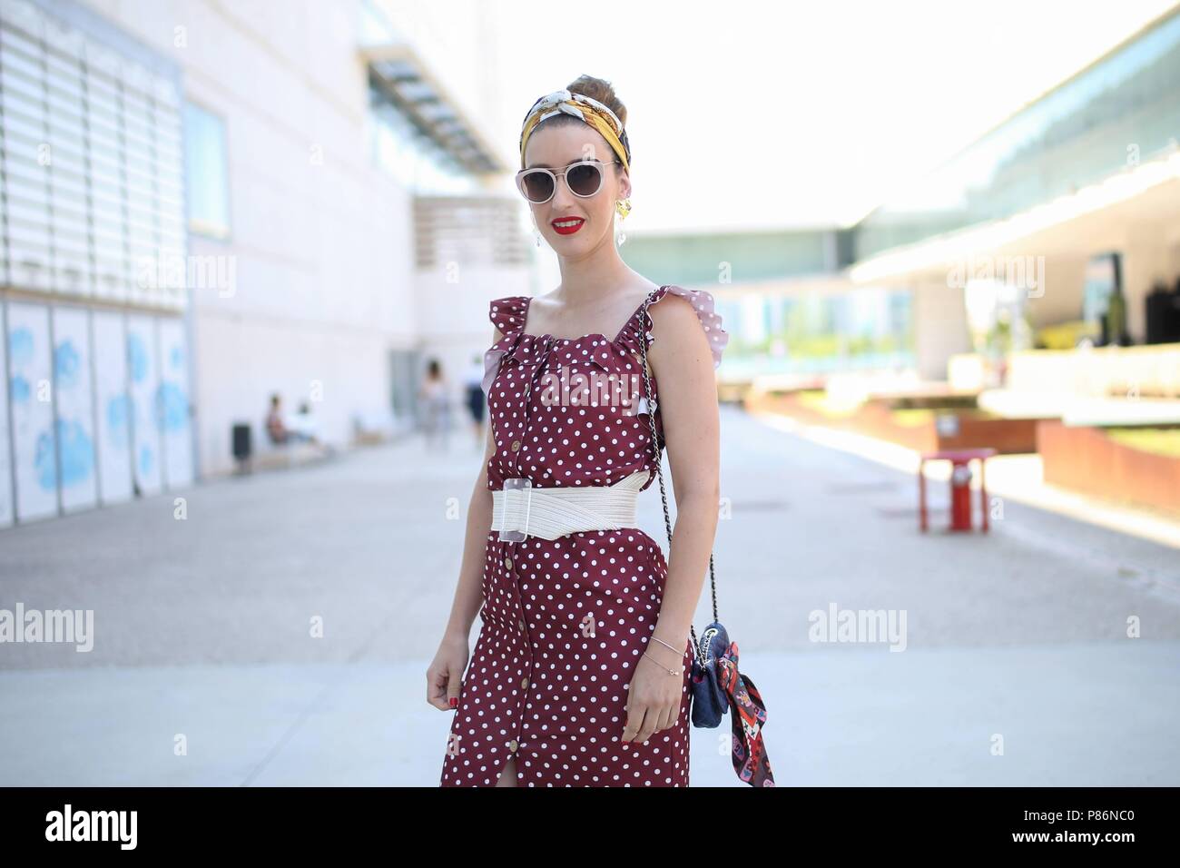 Ana Perez posing on the street during Mercedes Benz Fashion Week Madrid ...