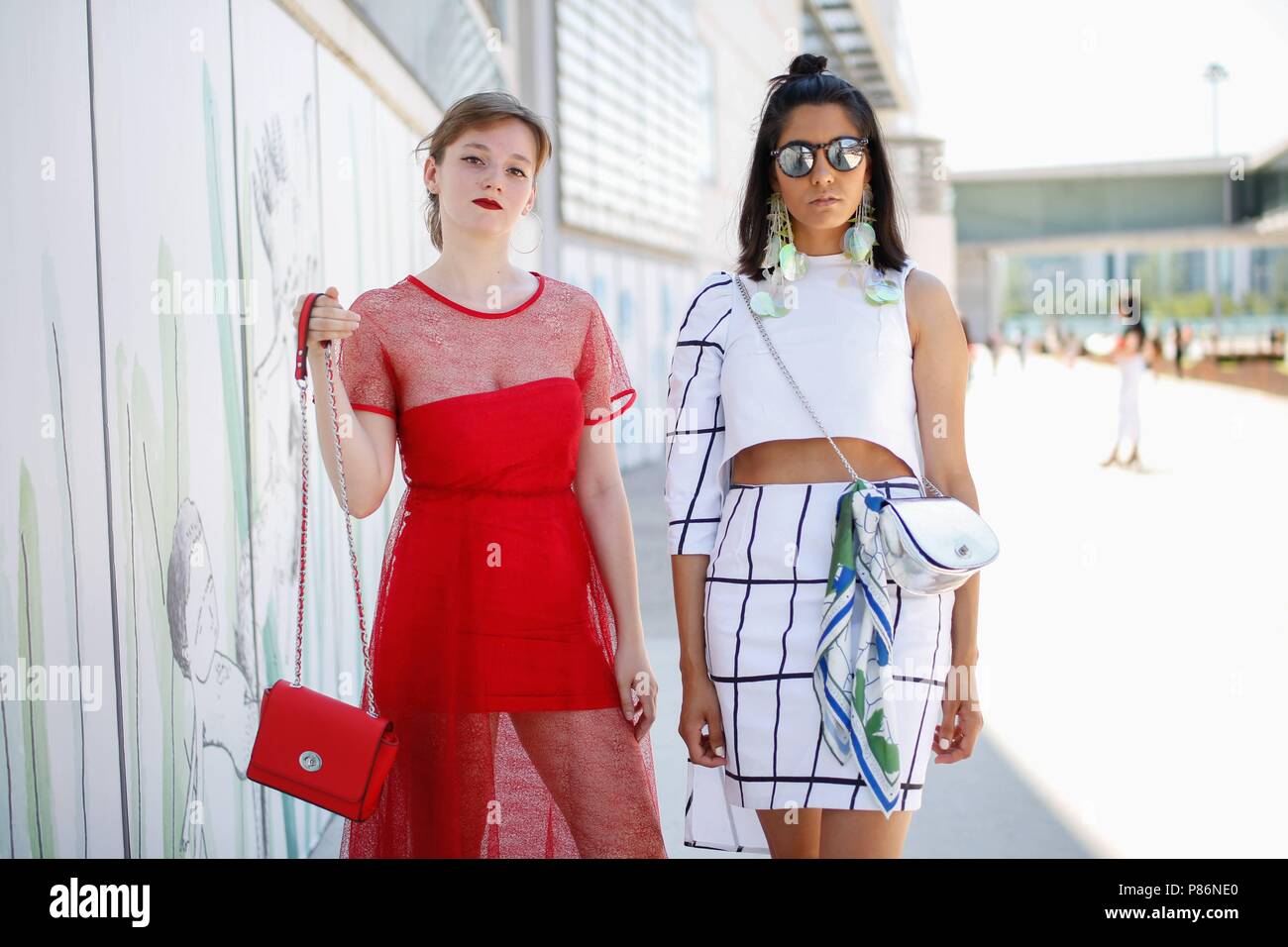 Martina Torres and Samara Tamames posing on the street during Mercedes ...