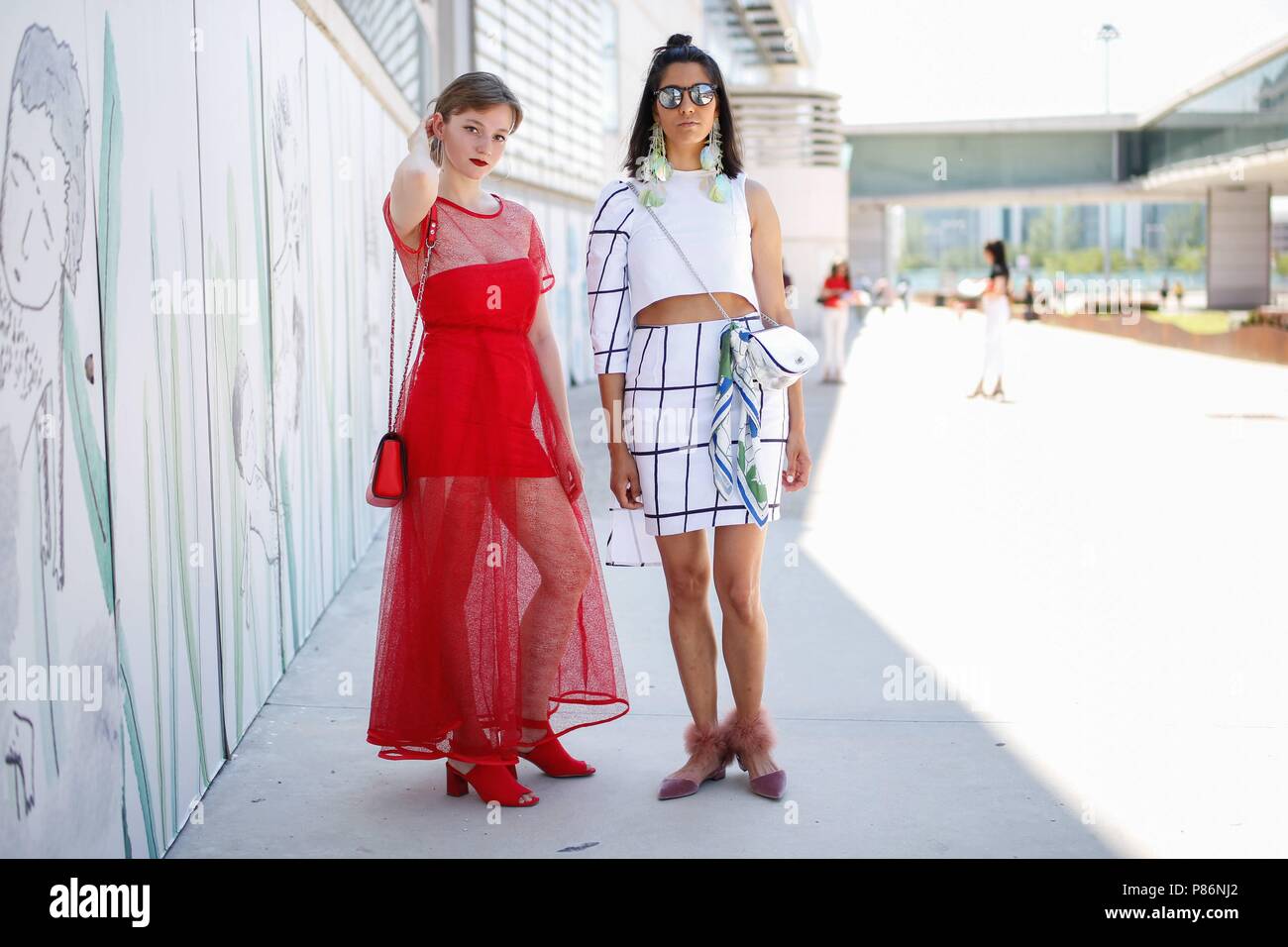 Martina Torres and Samara Tamames posing on the street during Mercedes ...