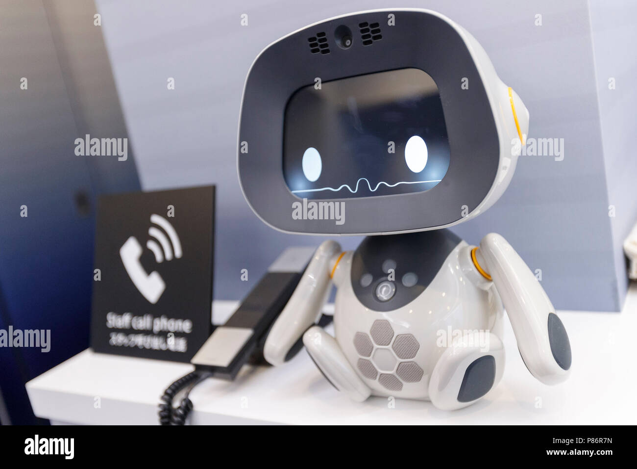 Tokyo, Japan. 10th July 2018. A robot Unibo is seen at the front desk ...