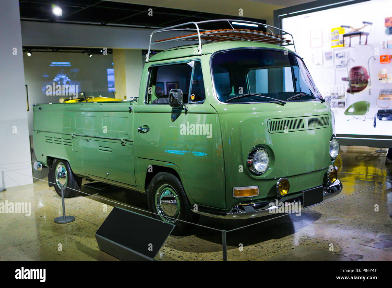 Old green vintage hippie pick-up minibus Stock Photo - Alamy