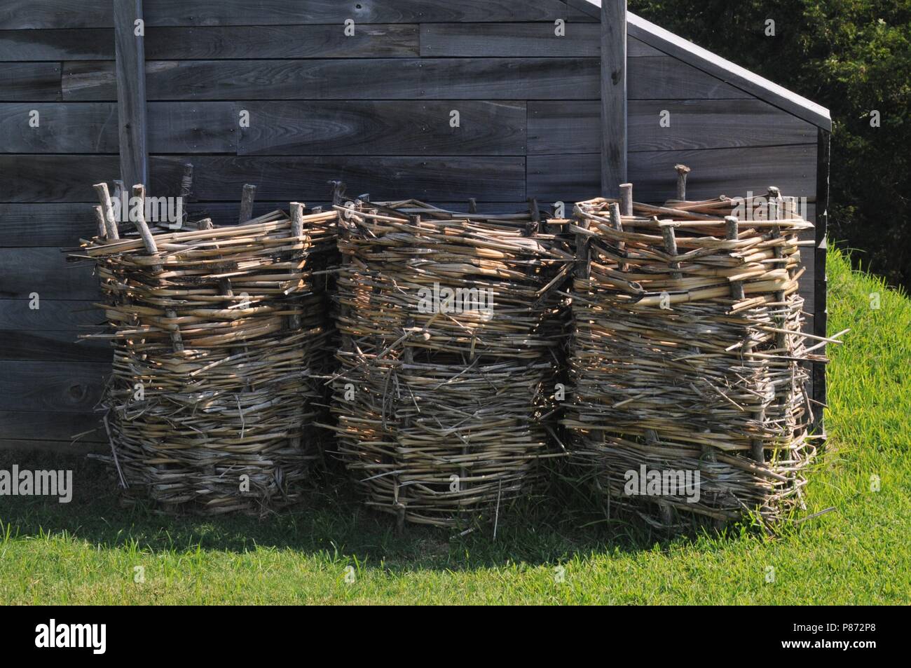Gabions filled with dirt and rocks used to strengthen fortifications at ...