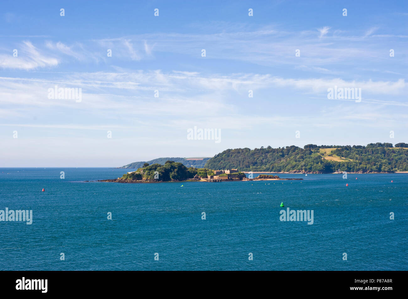 View over sea toward Drakes Island from the Hoe in Plymouth Devon ...