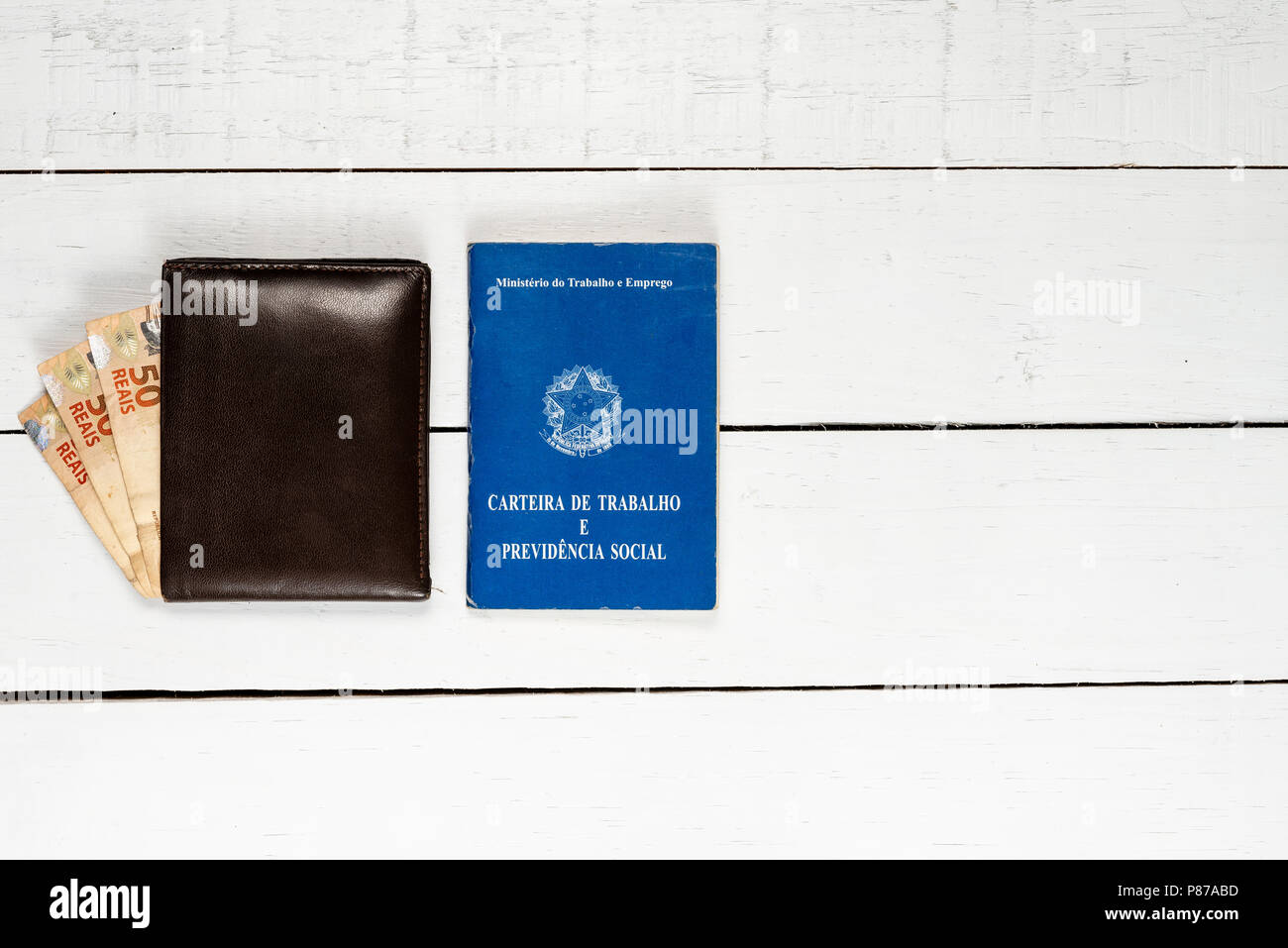 Wallet with Brazilian money notes and work permit on white background ...