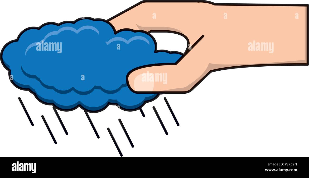 hand holding a cloud with rainy drops over white background, vector ...