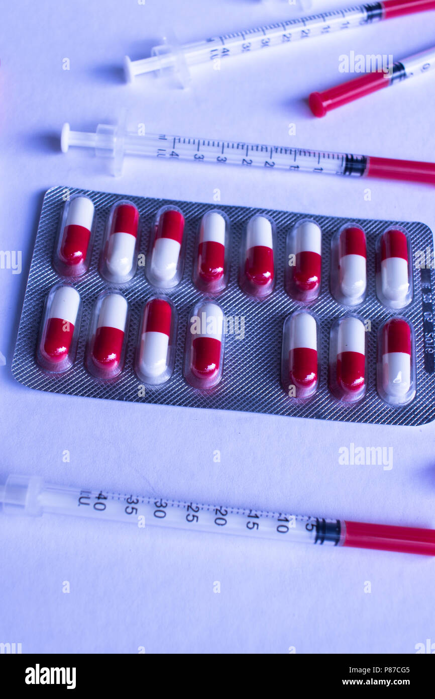 Medical prescription drug pills blister pack of red and white ...