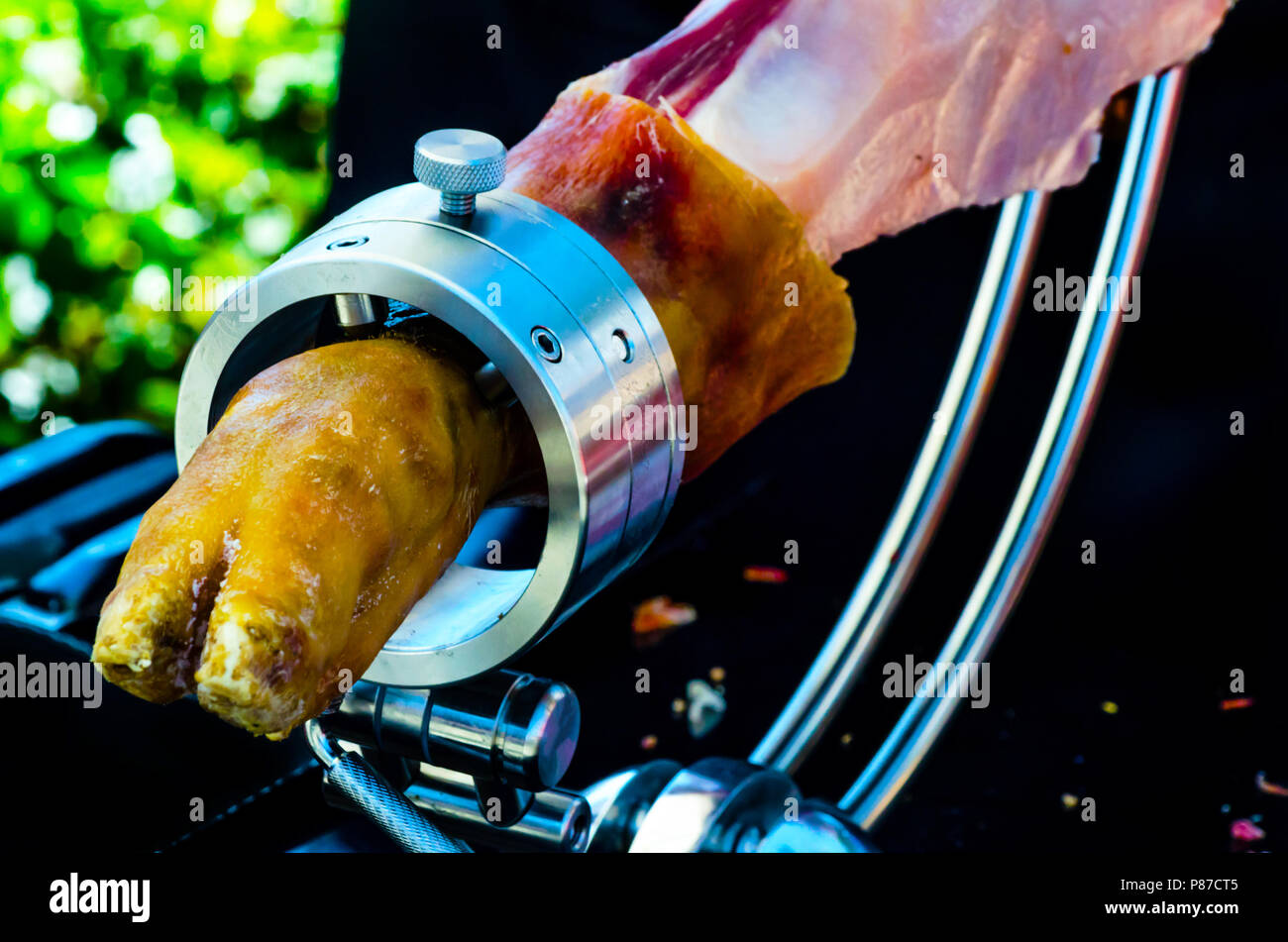 leg jamon serrano prepared for slicing, traditional Spanish ham, meat ...