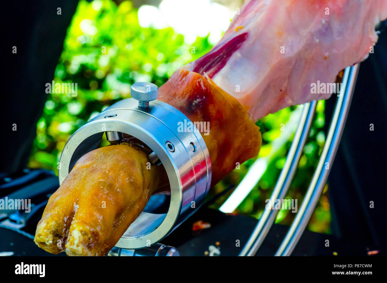 leg jamon serrano prepared for slicing, traditional Spanish ham, meat ...