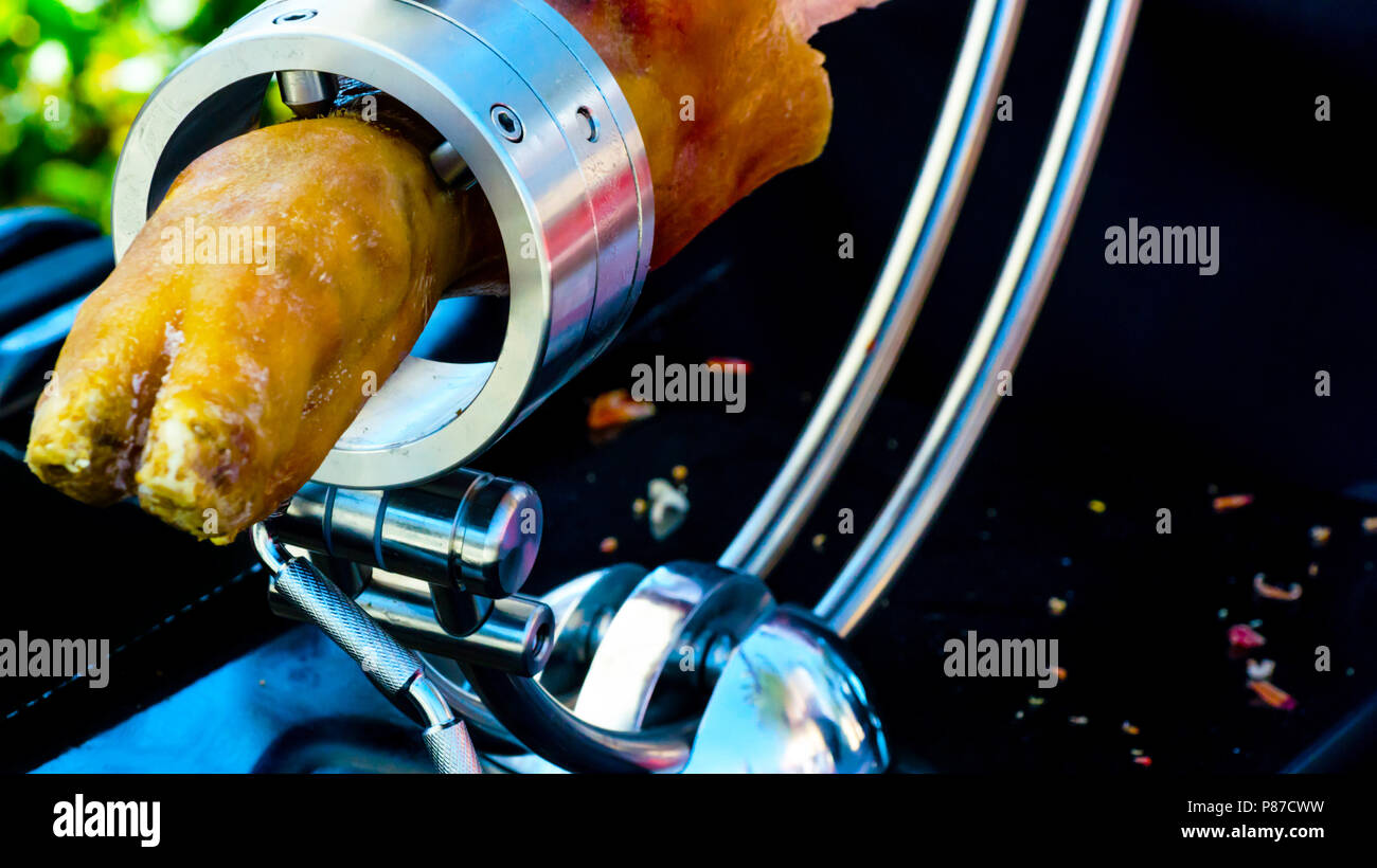 leg jamon serrano prepared for slicing, traditional Spanish ham, meat ...