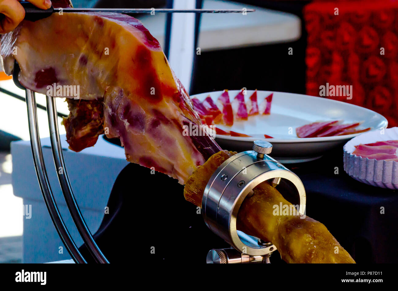 leg jamon serrano prepared for slicing, traditional Spanish ham, meat ...