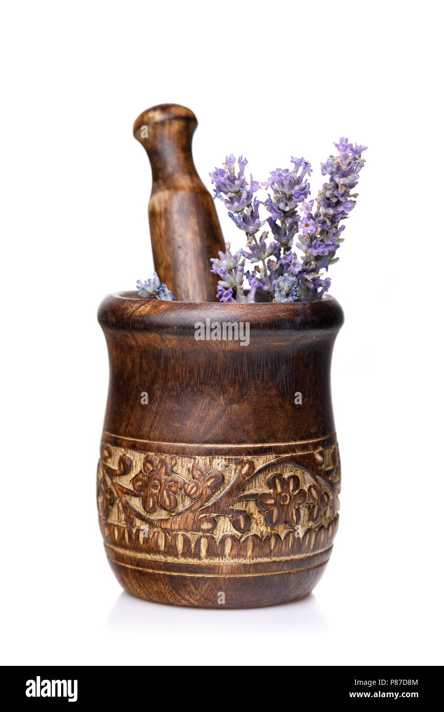 Wooden mortar with lavender flowers isolated on white background Stock Photo - Alamy