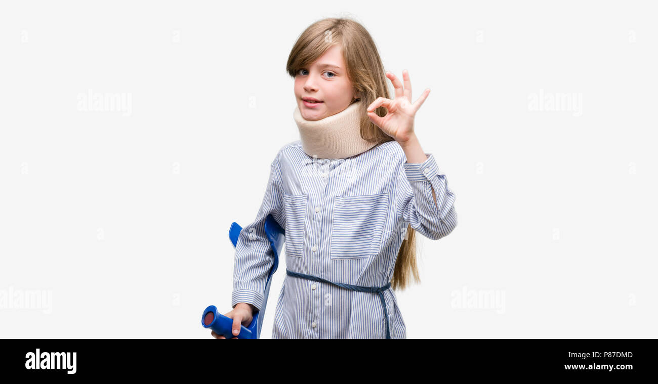 Young blonde child injured wearing neck collar and crutches doing ok ...