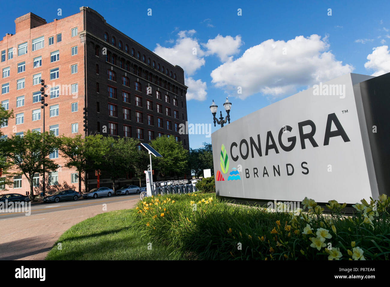 A logo sign outside of a facility occupied by Conagra Brands, Inc., in ...