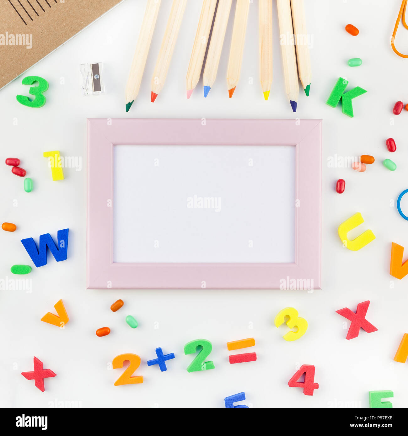 Square flat lay back to school concept with color school and office ...