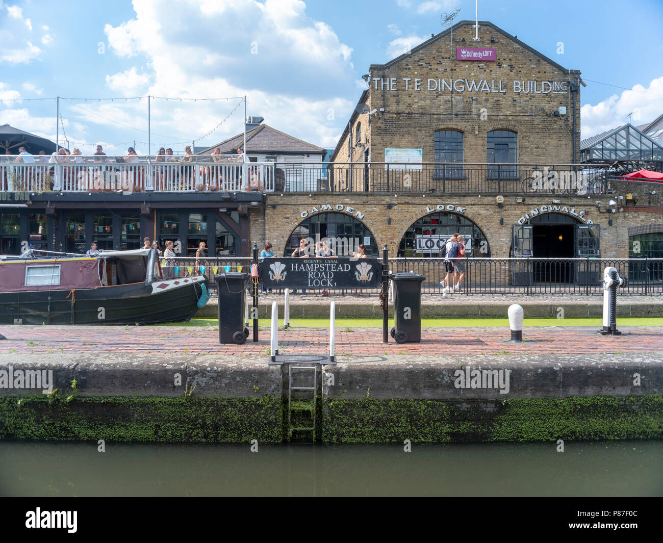 A Canal Boat Enters The Lock At Camden Lock Site Of The Famous Camden Market In Camden Town