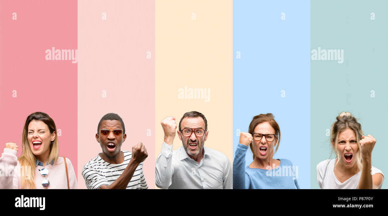 Mixed group of people, women and men irritated and angry expressing ...