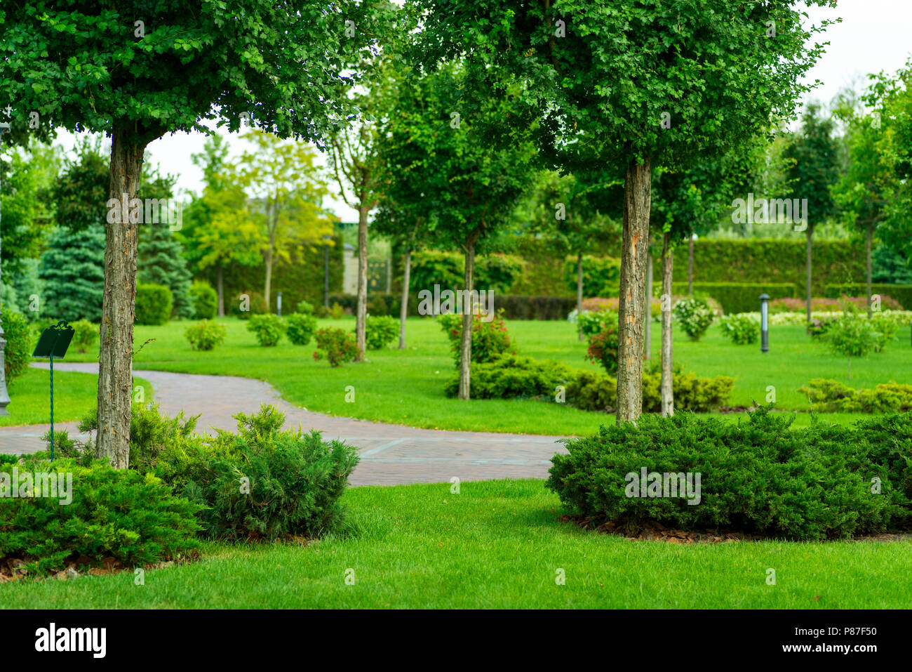 A path of tiles in a green park with a landscape design Stock Photo - Alamy