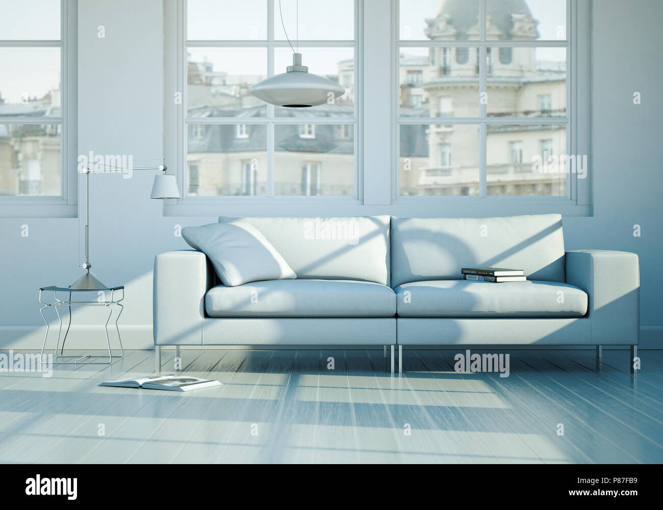 Interior design modern bright room with white sofa Stock Photo - Alamy