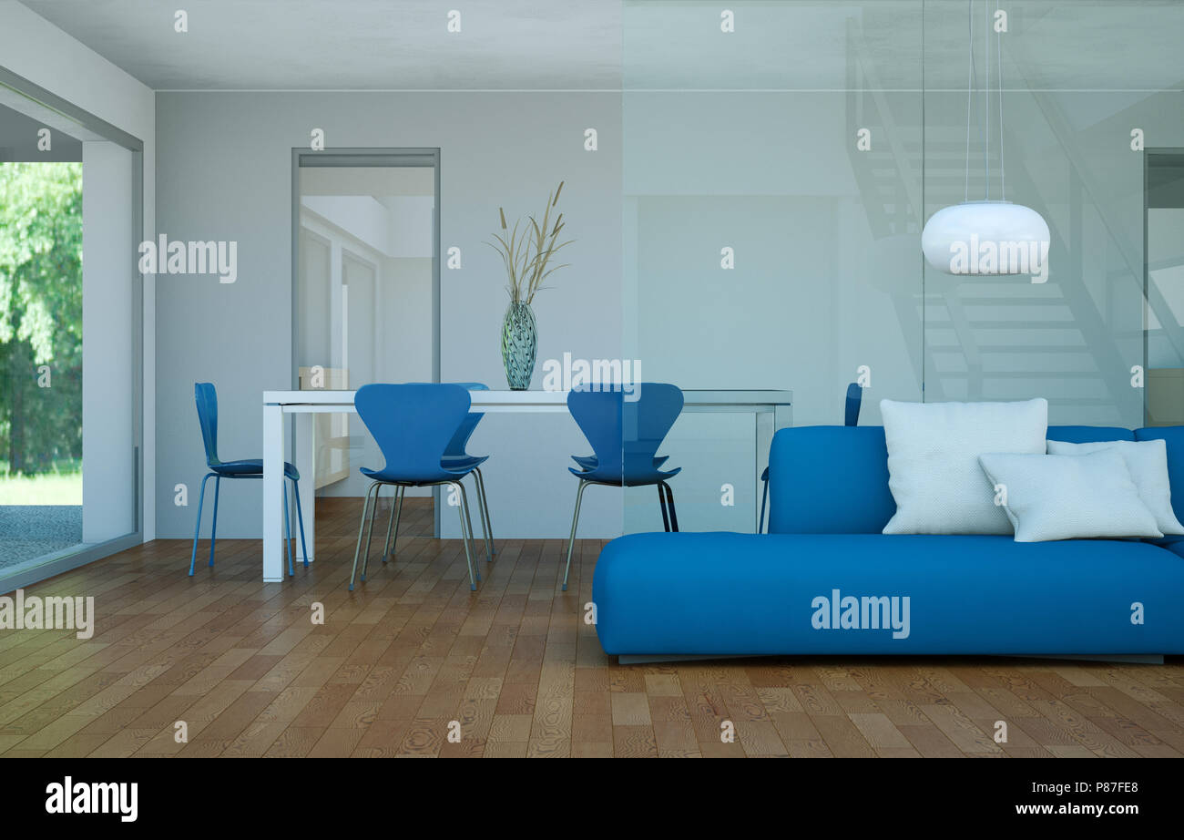 Interior design modern bright room with blue sofa Stock Photo - Alamy