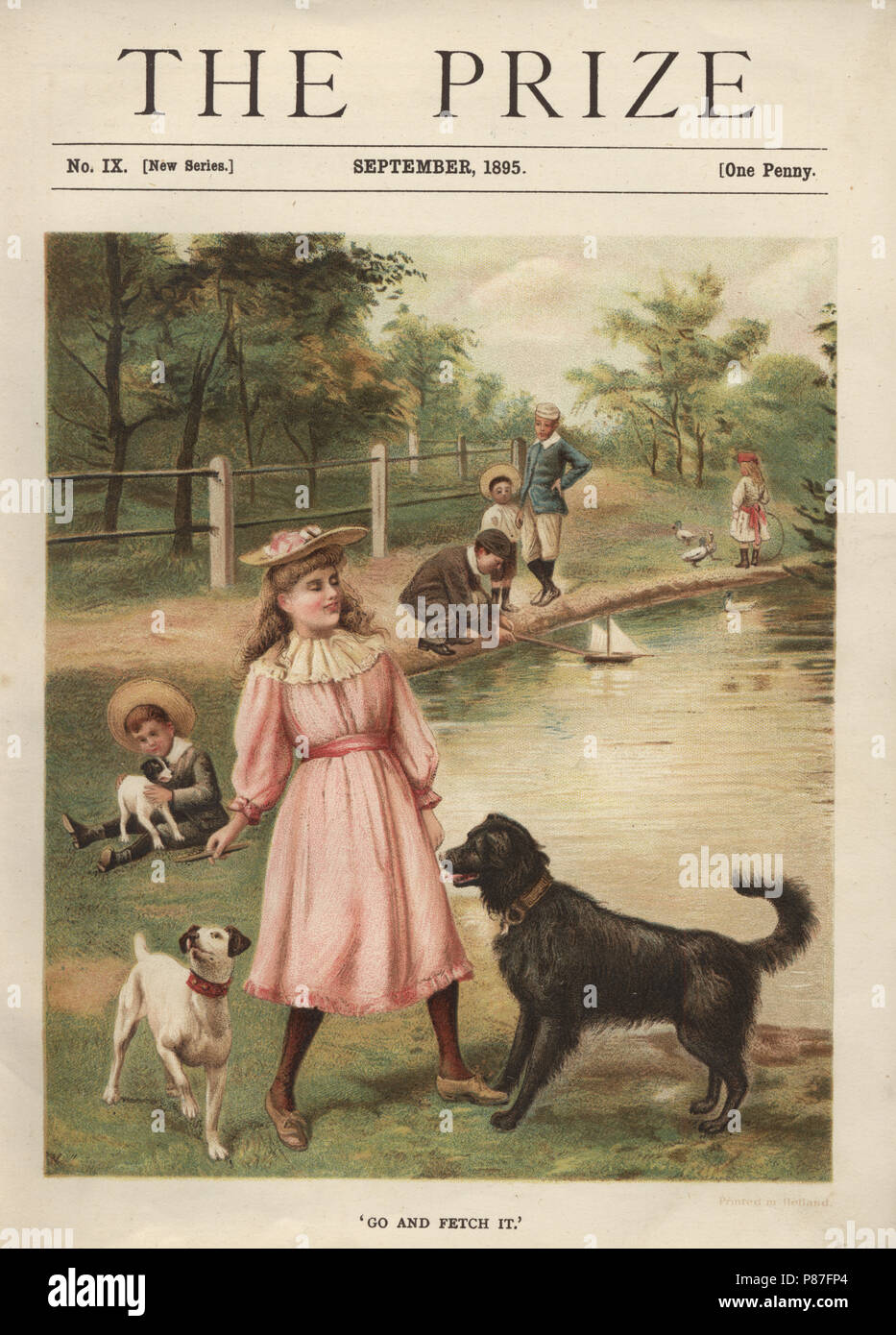 Cover of the Victorian magazine The Prize, Girl playing park with her ...