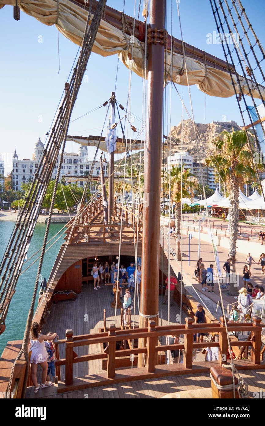 ALICANTE, SPAIN, CIRCA JULY 2018, deck of the replica of the Nao de ...