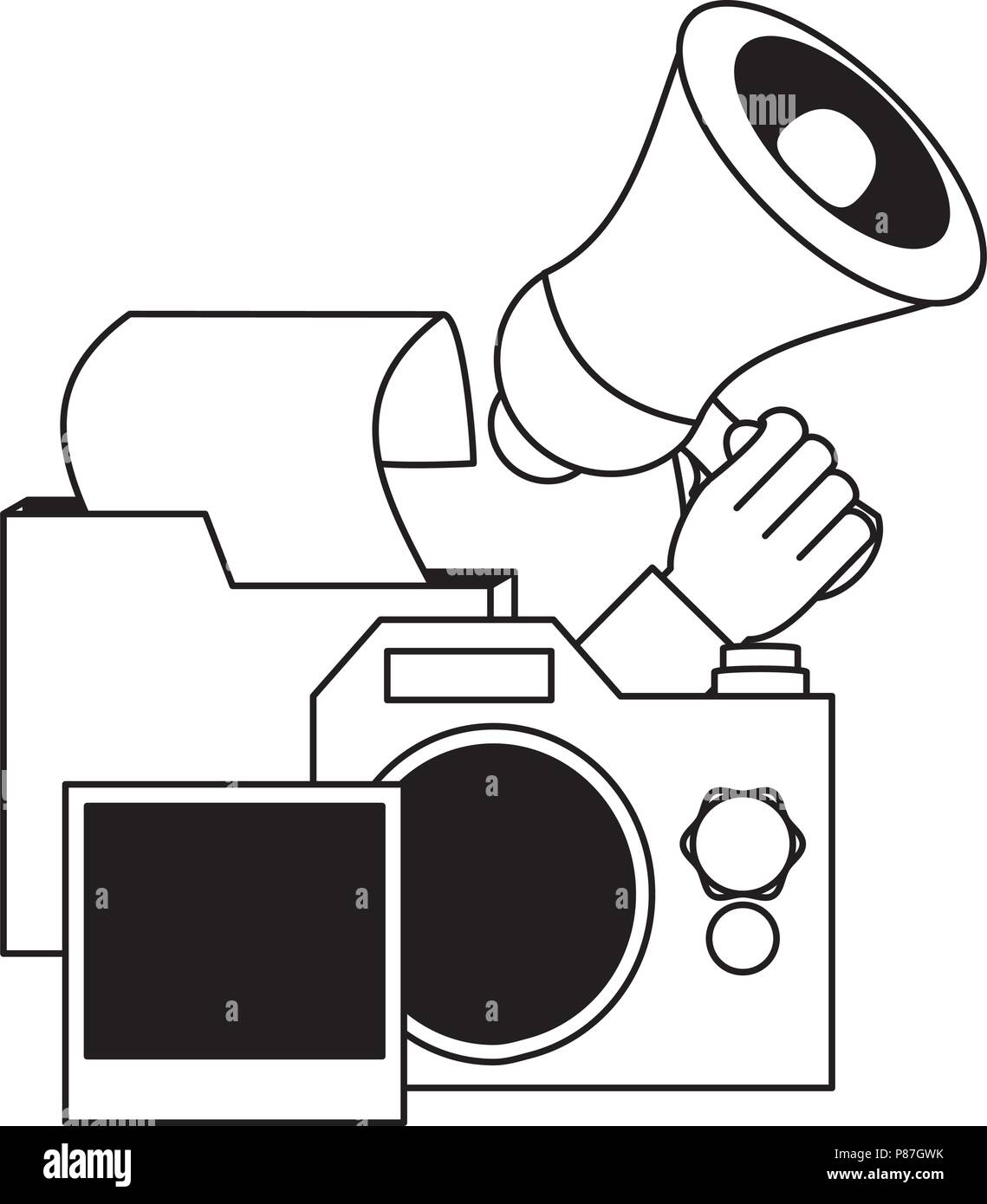 photographic camera with megaphone and folder over white background ...