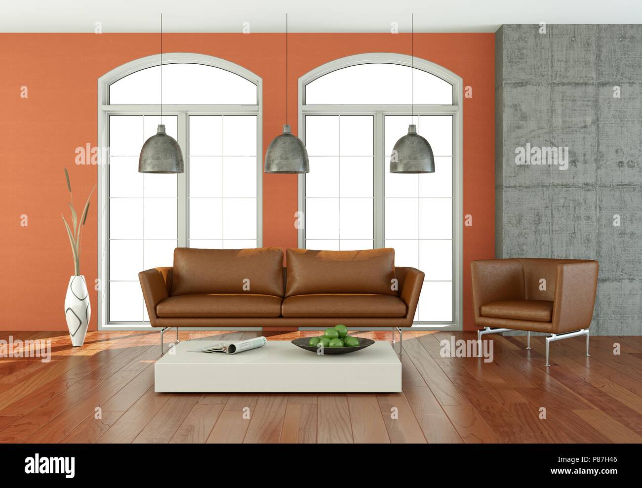 Interior design modern bright room with brown sofa Stock Photo - Alamy