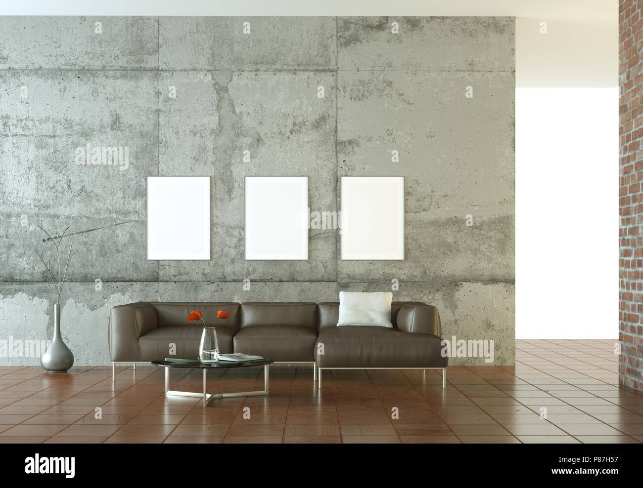 Interior design modern bright room with brown sofa Stock Photo - Alamy