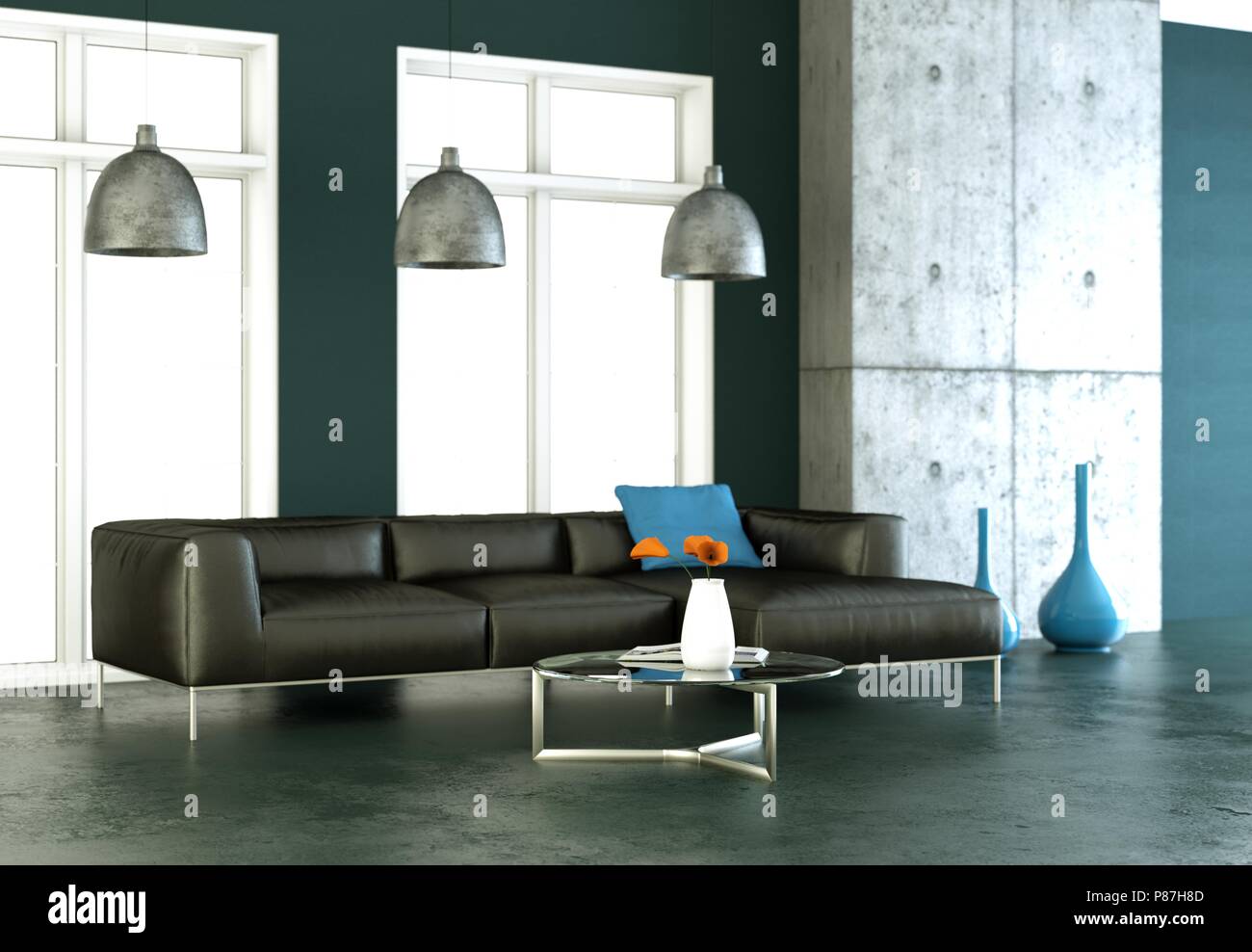 Interior design modern bright room with black sofa Stock Photo - Alamy