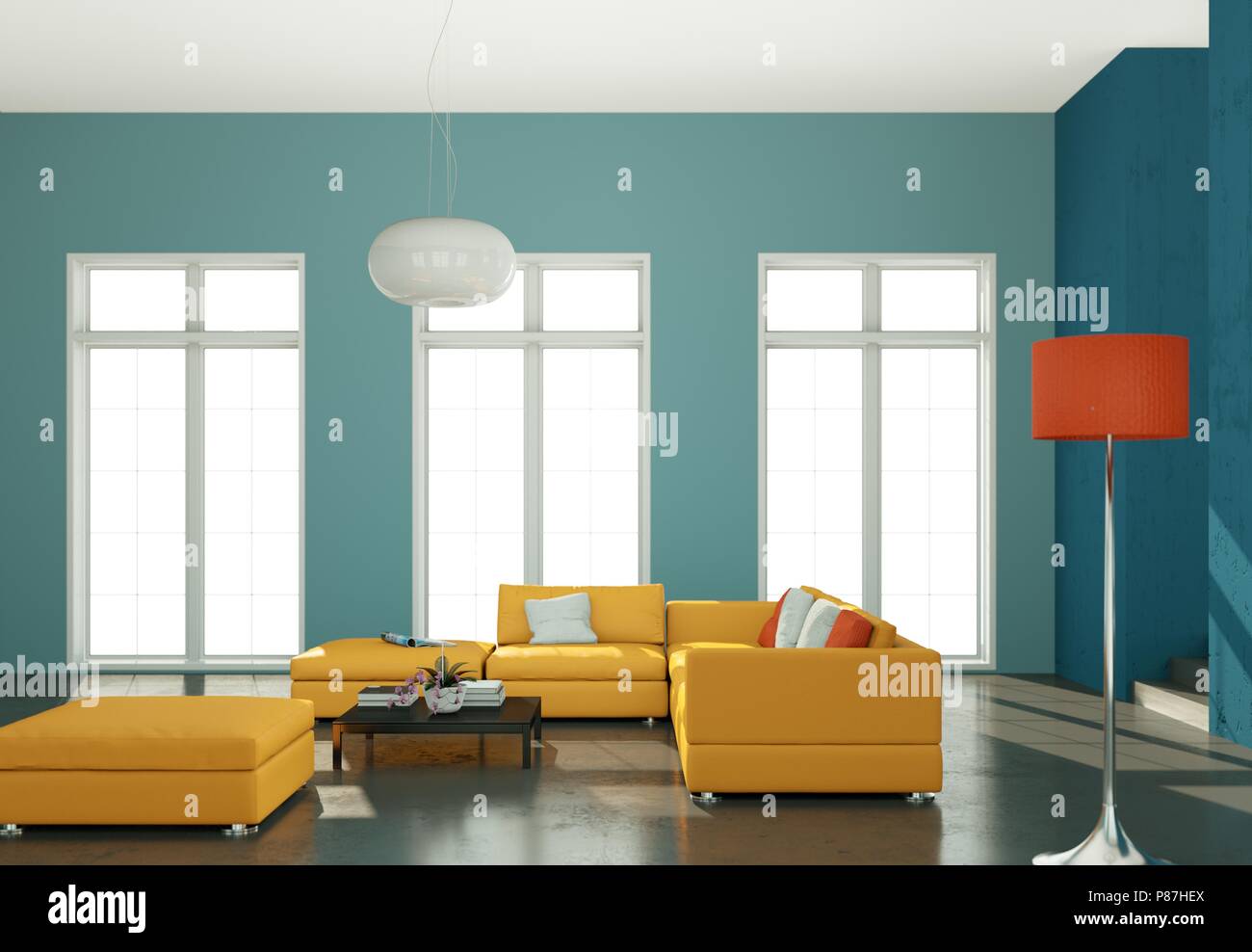 Interior design modern bright room with yellow sofa Stock Photo - Alamy