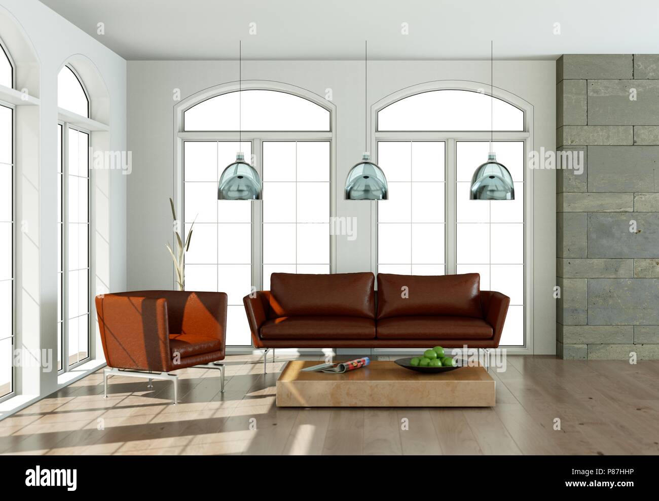 Interior design modern bright room with brown sofa Stock Photo - Alamy