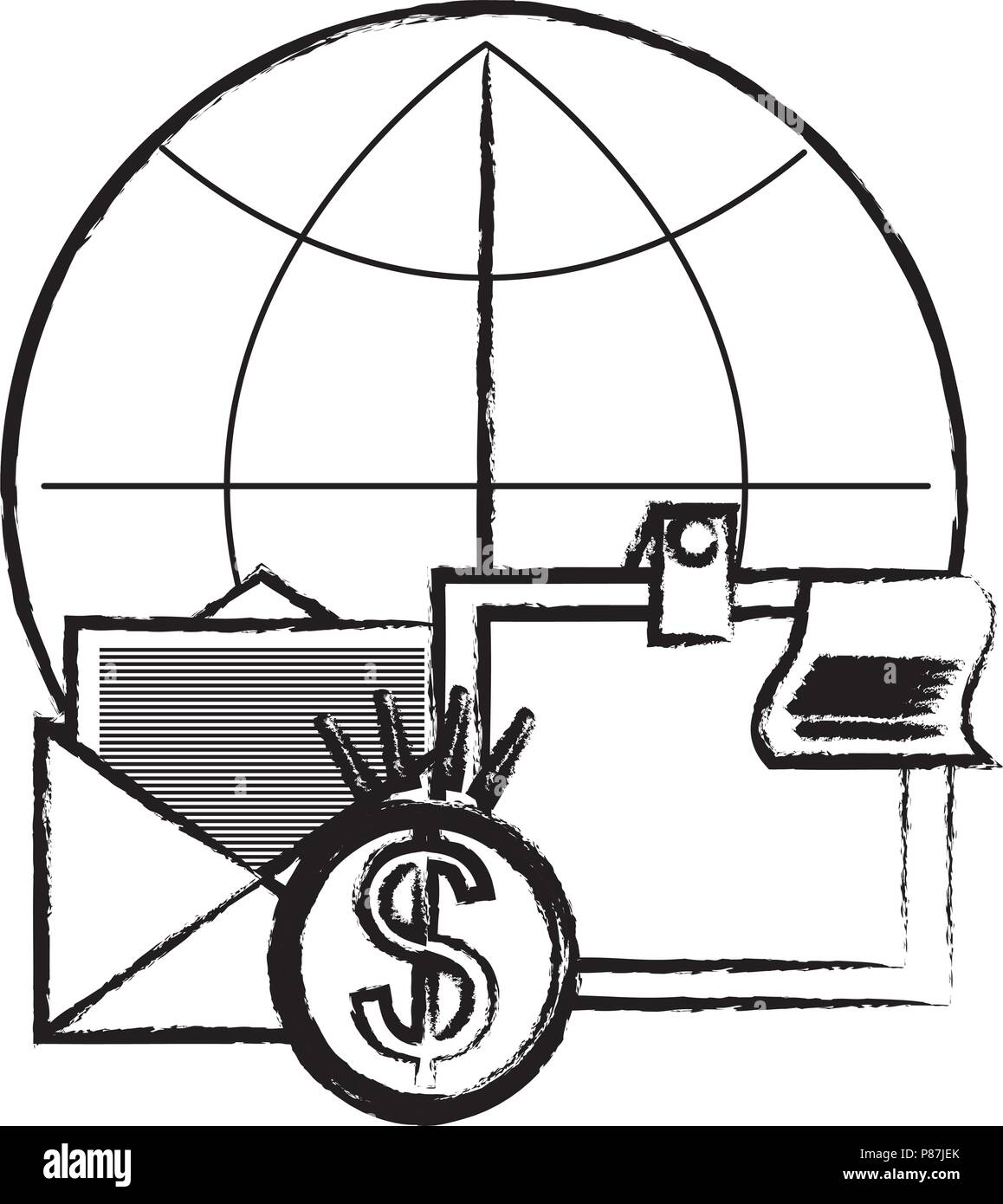 global sphere with envelope and money coin over white background ...