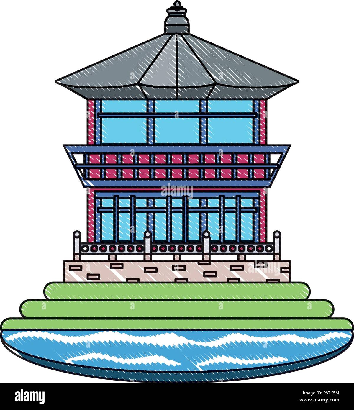 Landscape with South korea iconic building icon over white background ...