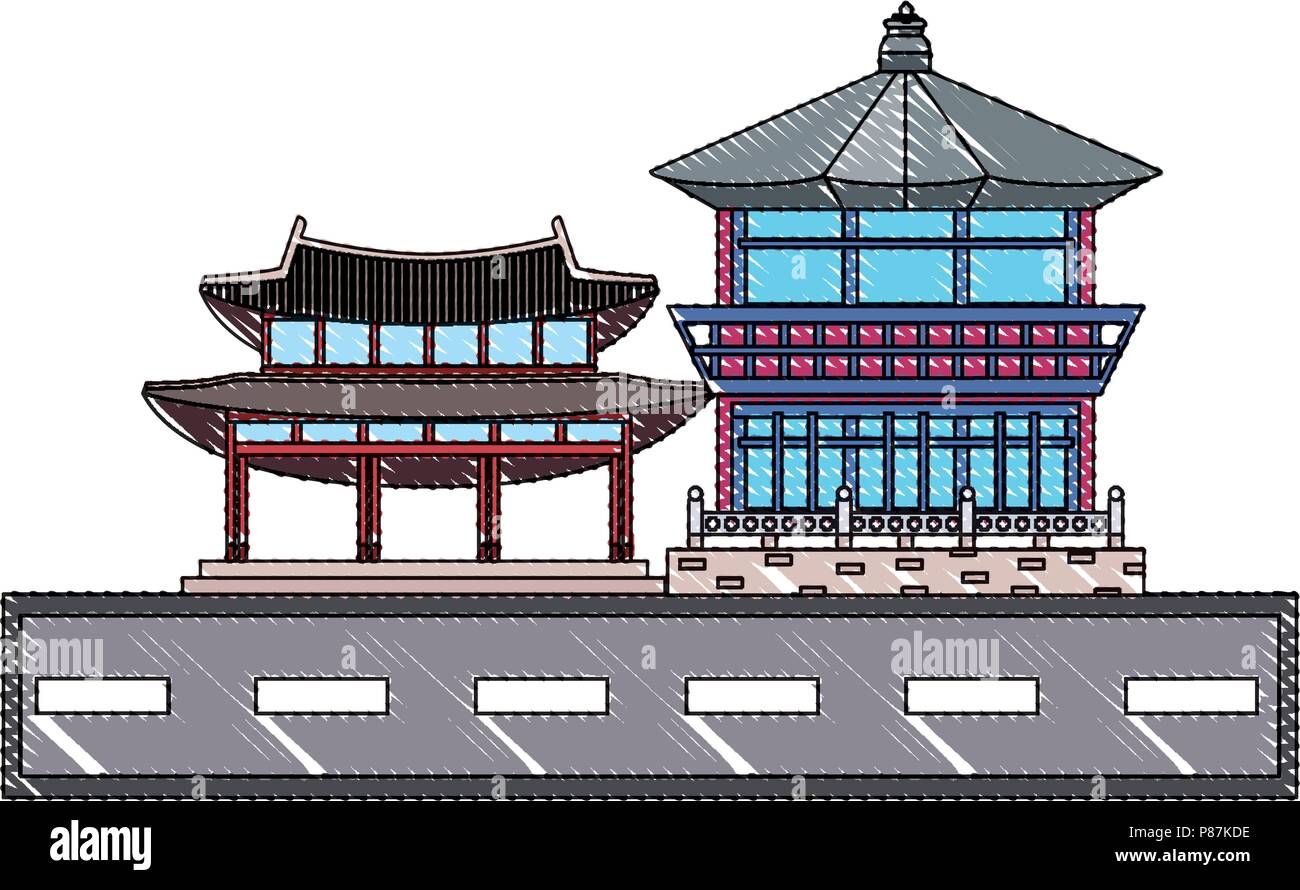 street with South korea iconic buildings icon over white background ...