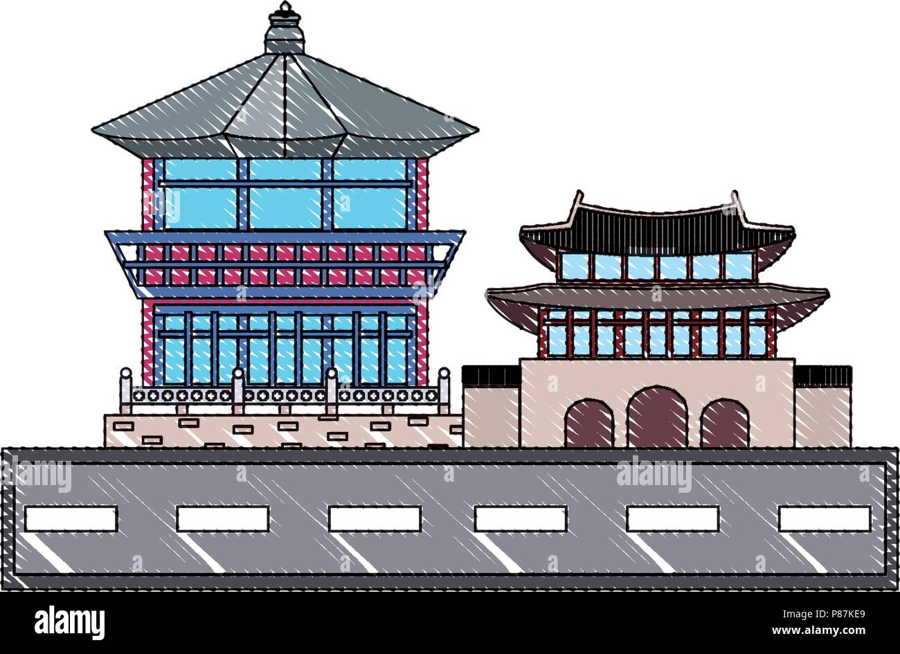 street with South korea iconic buildings icon over white background ...