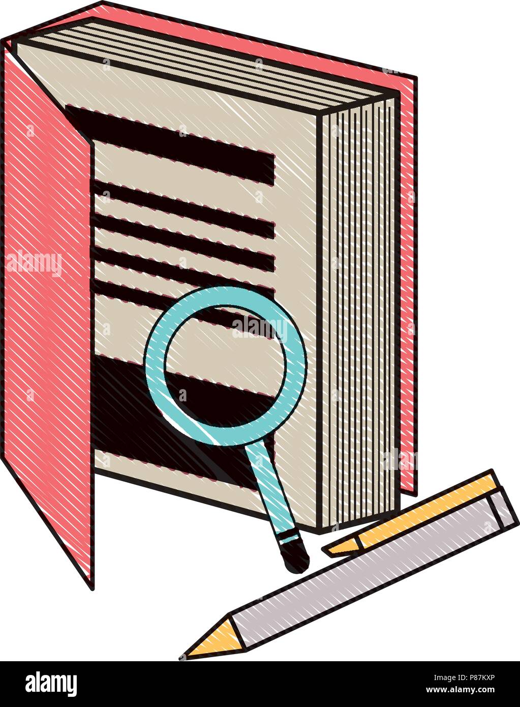 book with magnifying glass and pen icon over white background, vector ...