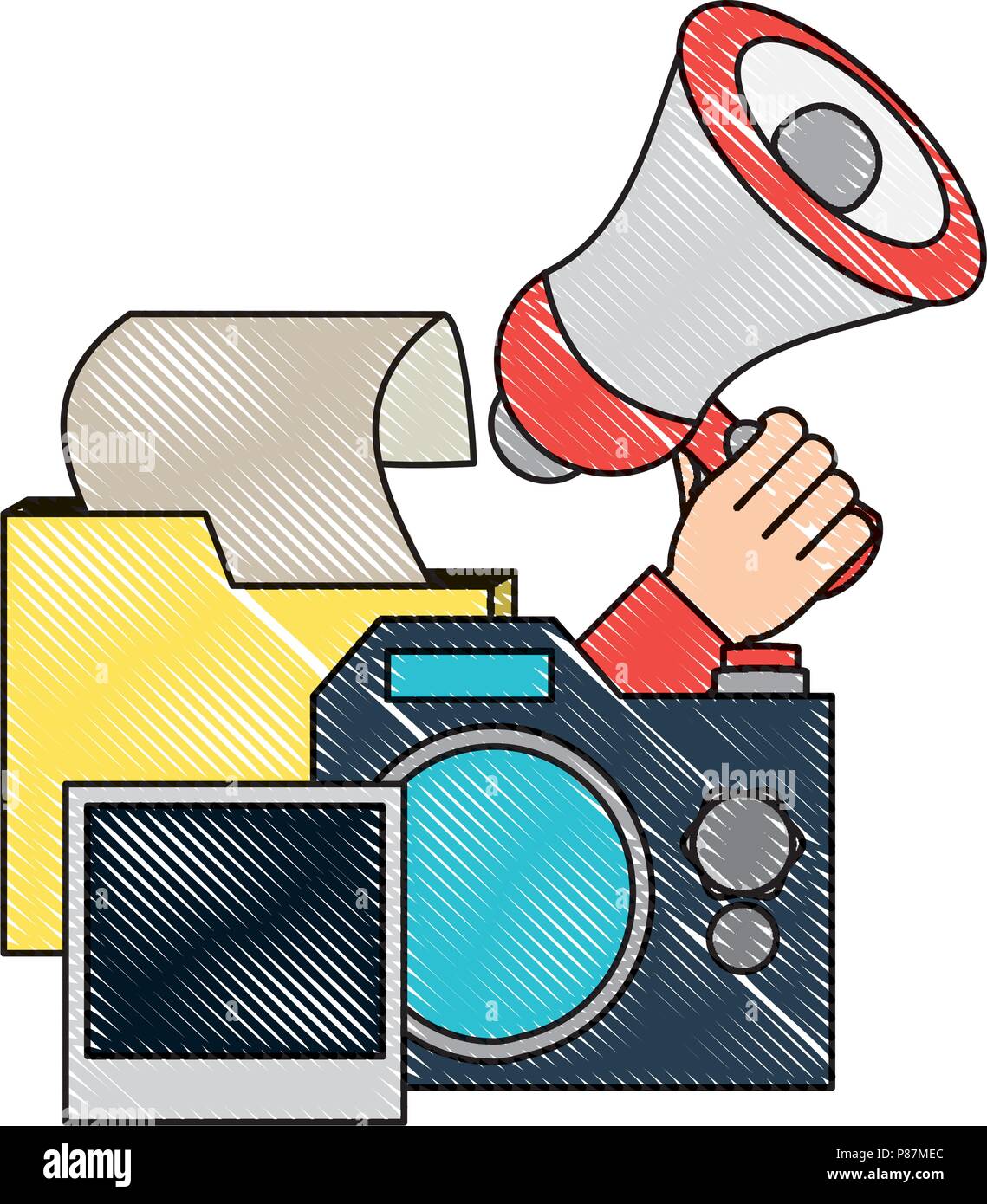 photographic camera with megaphone and folder over white background ...