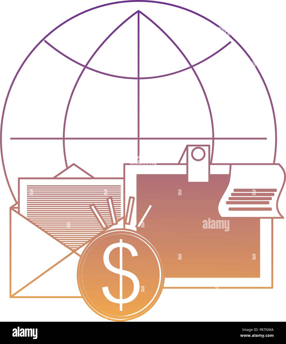 global sphere with envelope and money coin over white background ...