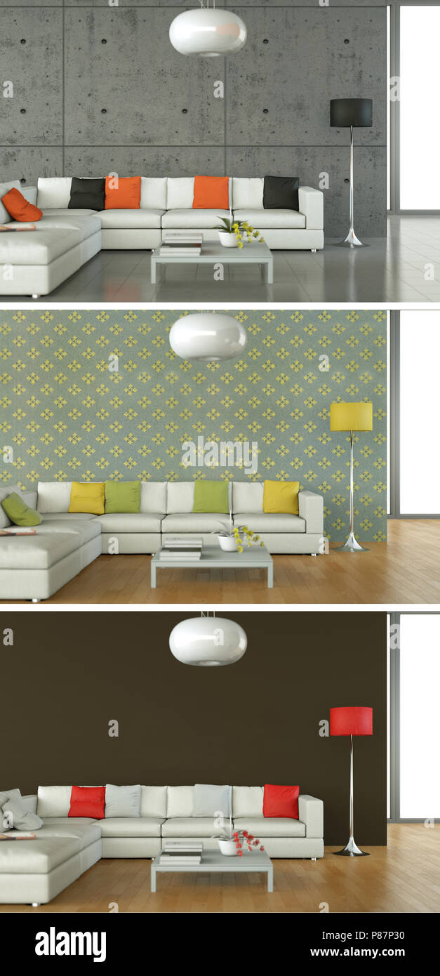 Three views of modern interior loft design Stock Photo - Alamy