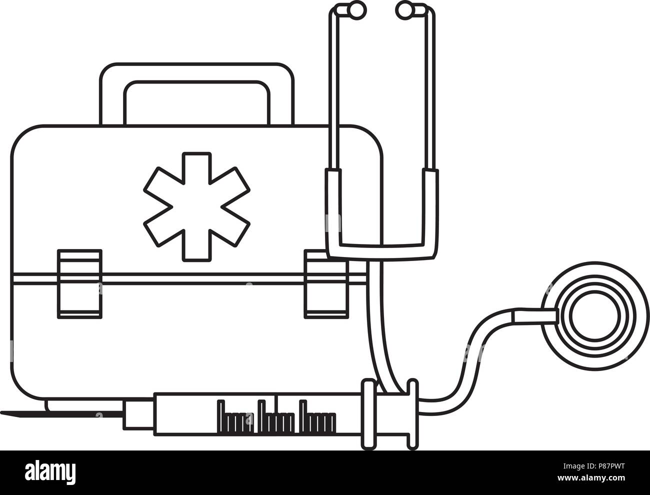 first aid kit with sthetoscope and syringe over white background ...