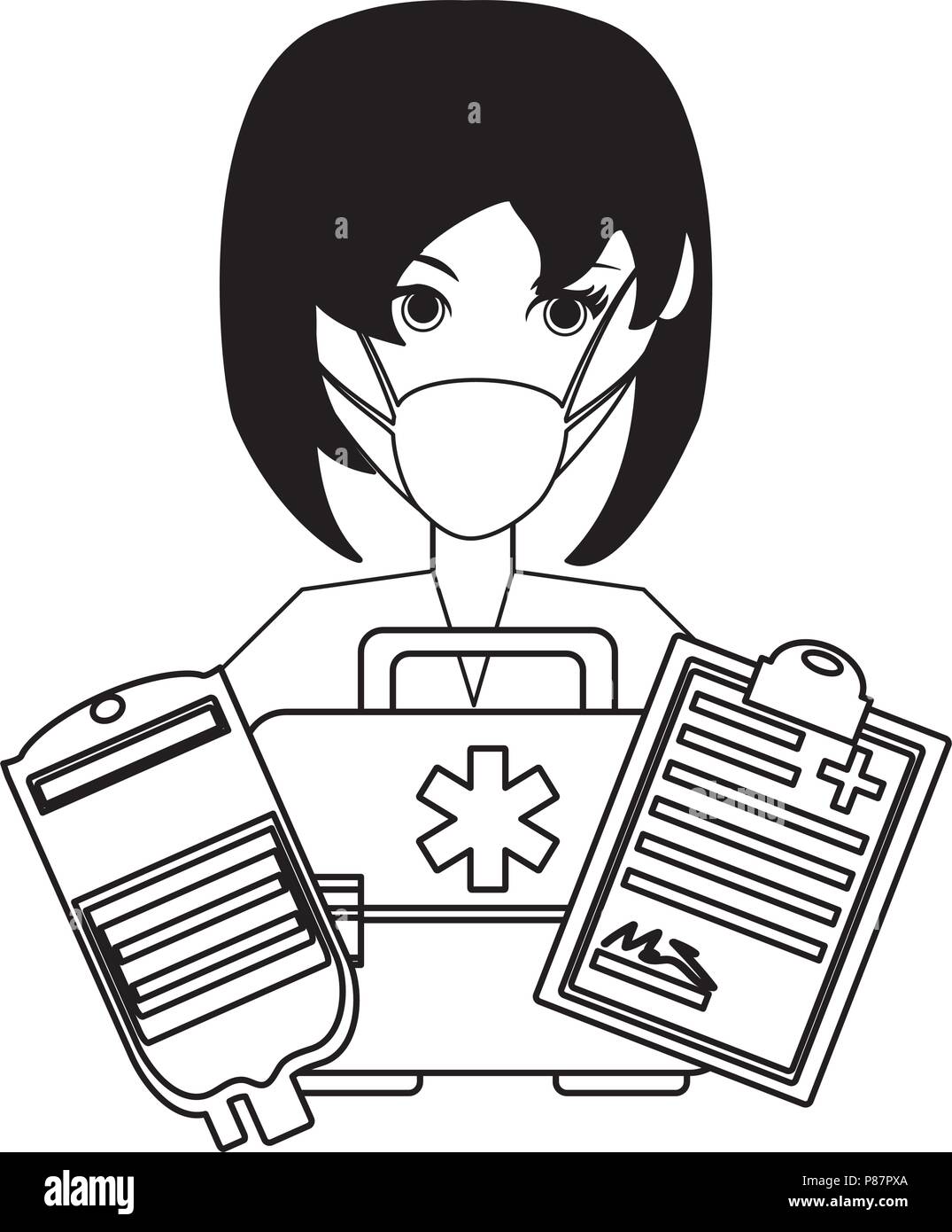 nurse with first aid kit and medical report over white background ...