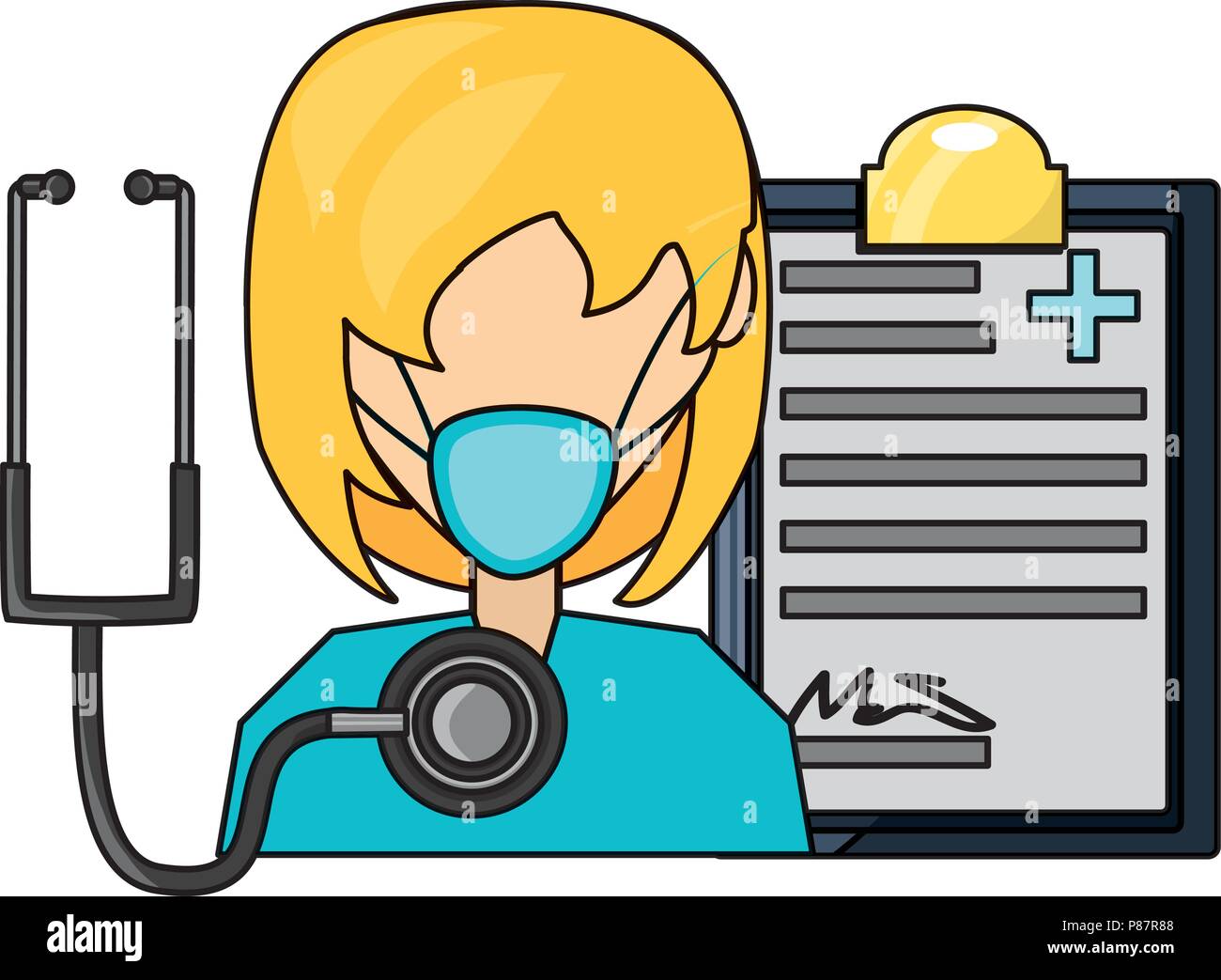 nurse with sthetoscope and medical report over white background, vector ...